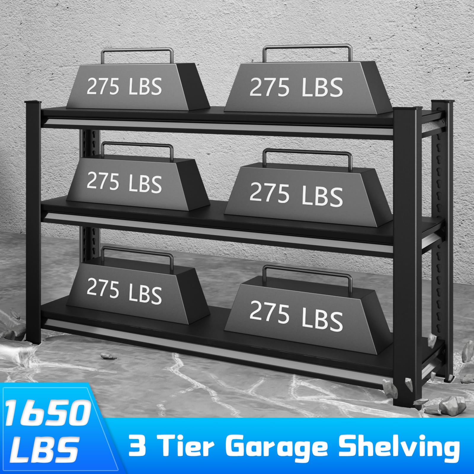 Rufokisa 3-Tier Garage Shelving Heavy Duty,48" W Metal Shelving Unit for Garage, 1650 lbs Load Capacity Utility Rack Shelves& Garage Shelves, 48”W x 18”D x 39”H(Black)