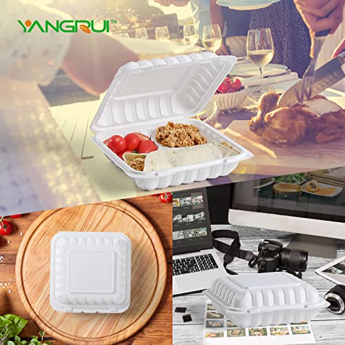 YANGRUI Clamshell Food Containers, 100 Pack Large Capacity 9 Inch 41 OZ Clean Film Package Meal Prep Container BPA Free Microwave Freezer Safe 3 Compartments Plastic To Go Containers