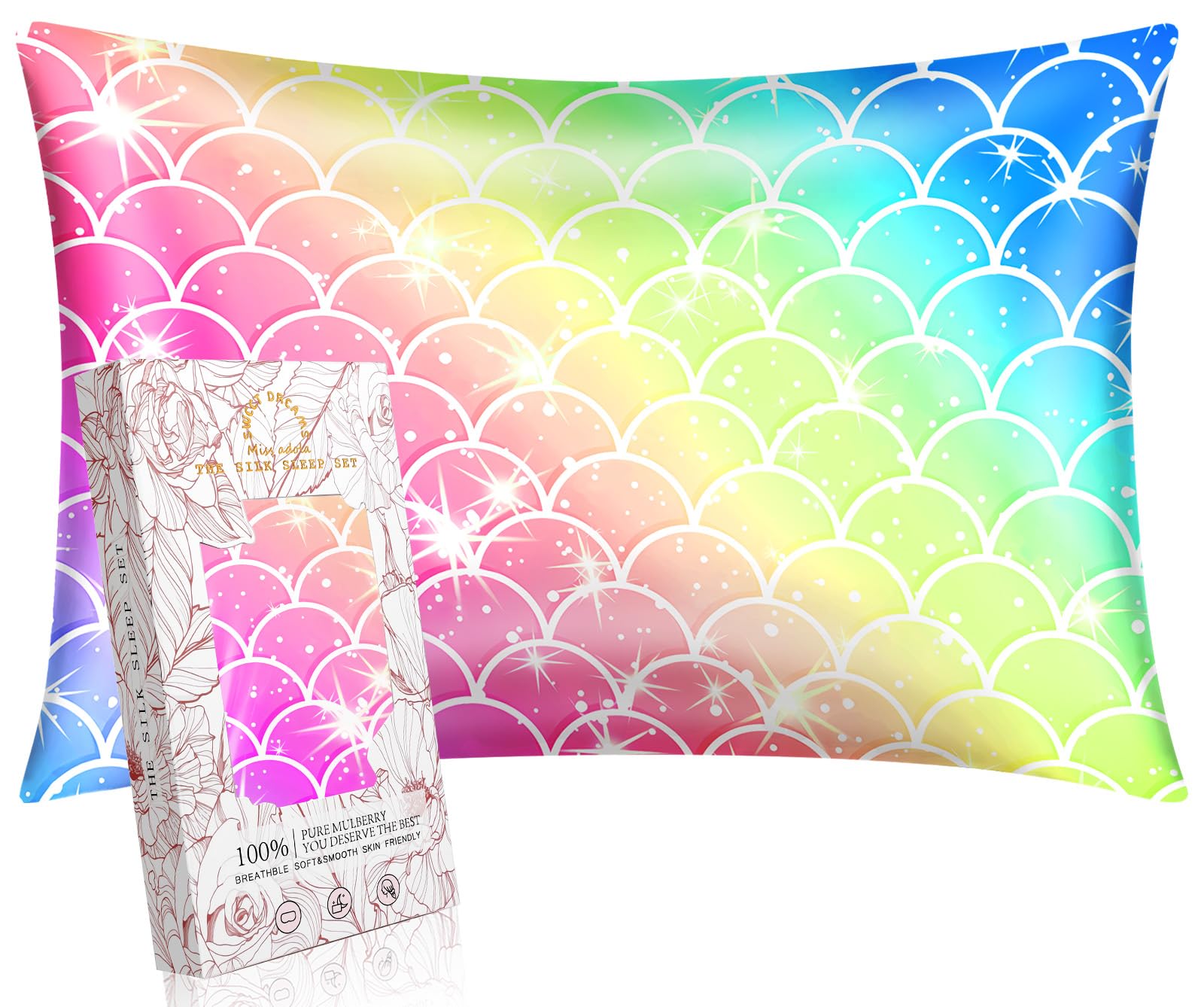 Miss Adola 1 Pack Kids Pillowcase - Queen Size 30 x 20 Inches 19 Momme Mulberry Silk Zipper Pillow Case for Hair and Skin Cute Cartoon Kawaii Colorful Scales Silk Pillowcase for Teens Girls Boys