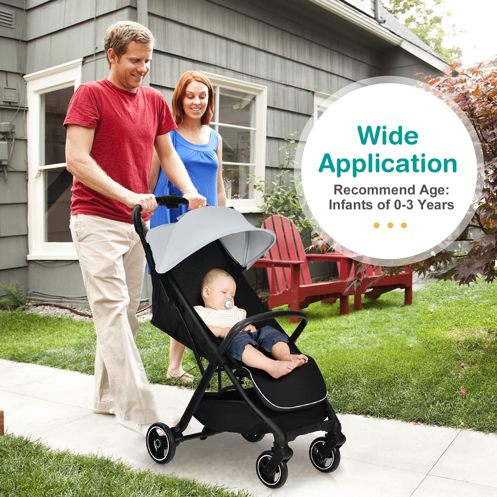 HONEY JOY Lightweight Baby Stroller, Compact Travel Stroller for Airplane, Fits Airplane Cabin & Overhead, One-Hand Gravity Fold, Self-Standing Toddler Stroller w/Adjustable Backrest/Canopy(Gray)