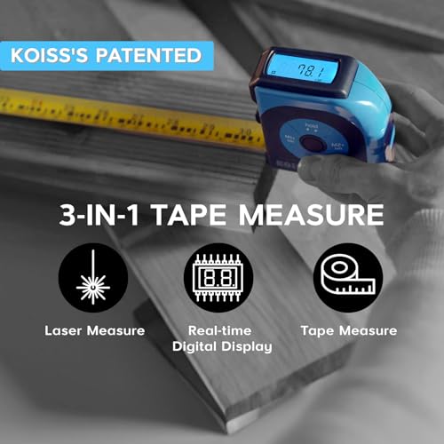 KOISS K4TM 3-in-1 Digital Measuring Tape with Laser, 130FT Laser Measurement Tool, 16FT Tape Measure, Real Time Digital Screen with Backlight, 3 Memory Functions, Rechargeable Battery