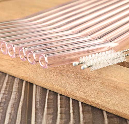 Glass Straw - 10pcs Pink Bent Glass Straw Set, 8'' Reusable Straws With Cleaning Brush For Tumblers, Tervis, Starbucks Cups, Mason Jars - STRAW0020-TR-10 (Pink Bent 10pcs) (Pink 10pcs)