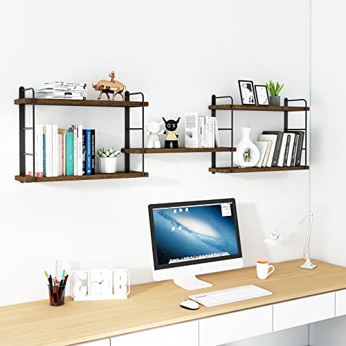 MXCSE Wall Mounted Floating Shelves - Rustic Wall Decor Wood Shelves for Bedroom, Living Room, Bathroom and Kitchen Storage, Easy Installation Hanging Shelves (5, Brown)