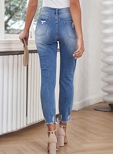 Sidefeel Women Distressed Raw Hem Washed Jeans Ripped Slim Fit Denim Pants Medium Sky Blue