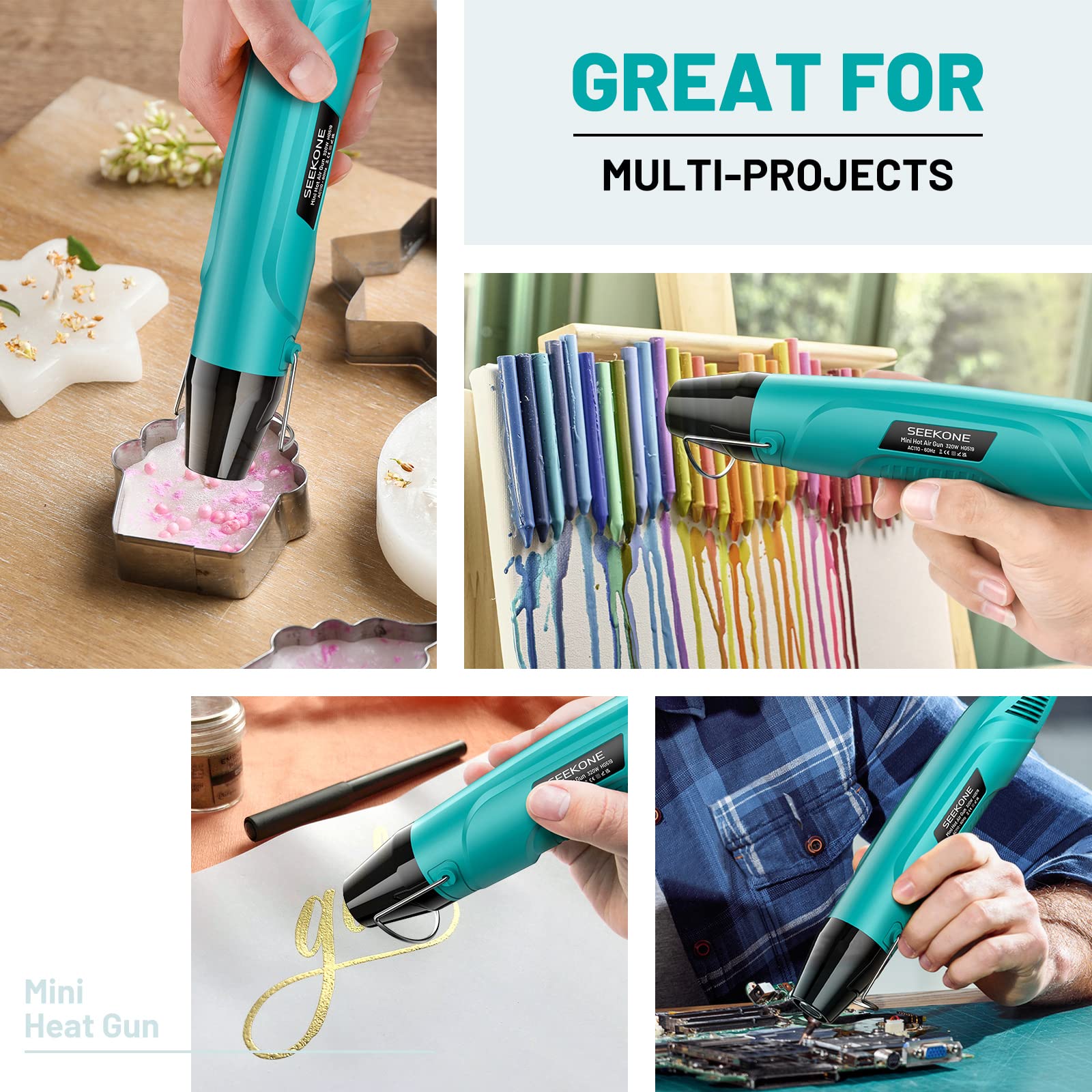 SEEKONE Handheld Heat Gun, 662℉ Portable Mini Hot Air Gun with 4.9Ft Long Cable, Overheat Protection and Fast Heating Reflector Nozzle for DIY, Craft Embossing, Shrink Wrapping, Electronics