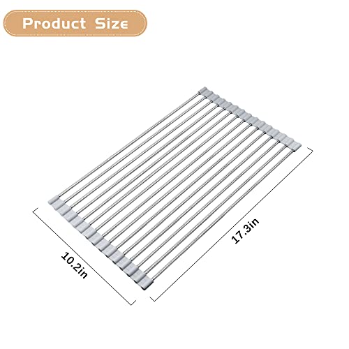 MGahyi Roll Up Dish Drying Rack, Over The Sink Drying Rack, Multipurpose 304 Stainless Steel Silicone Wrapped Steel Roll-Up , Folding Dish Rack for Kitchen Sink (Gray, 17.3" x 10.2")