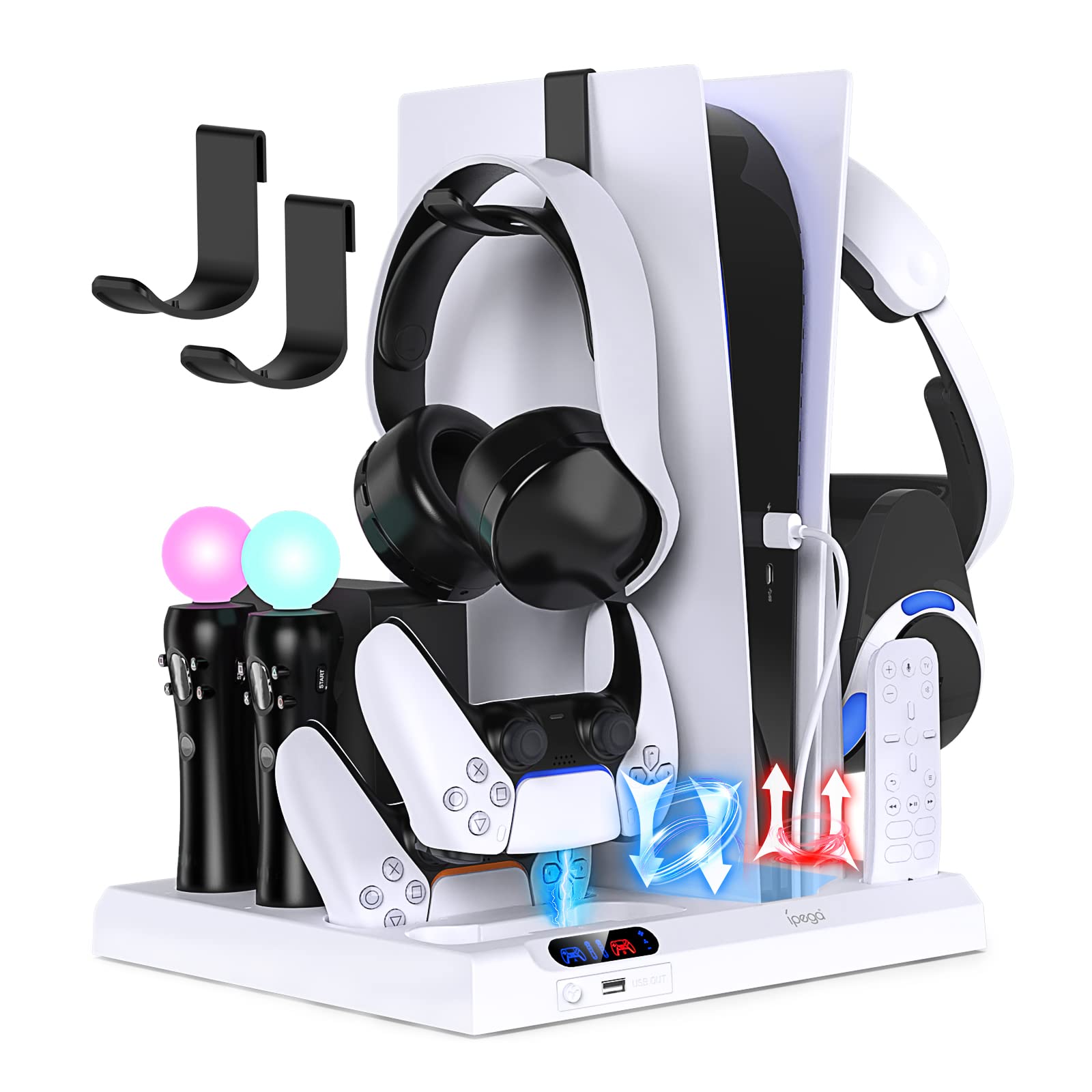 FYOUNG Upgrade Vertical Stand for PS5 with Cooling Fan and Controller Charging Station, Display Charging Stand for PSVR Playstation with Headst Holder, Game Storage Organizer&Remote Control Slot