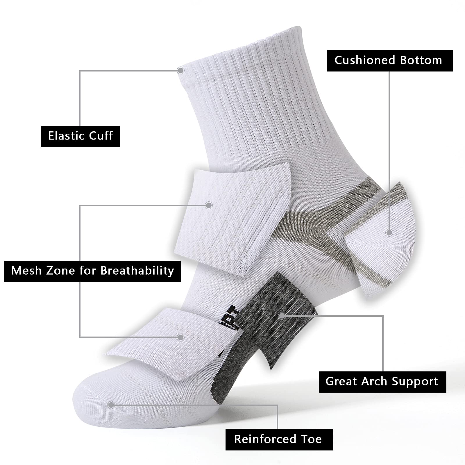 Eastroll Men's Athletic Ankle Quarter Socks Cushion Sport Casual Running Cotton Sock Crew Socks 6 Pack