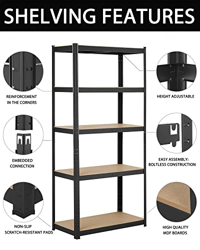 Standing Shelving Adjustable Height Non-Slip Feet Separable Rack Shed Storage Shelves Unit Adjustable Height Non-Slip Feet Separable Rack Unit 66.1"x29.5"x11.8" BLACK 5 Tier (386lb Per Shelf) 1930lb