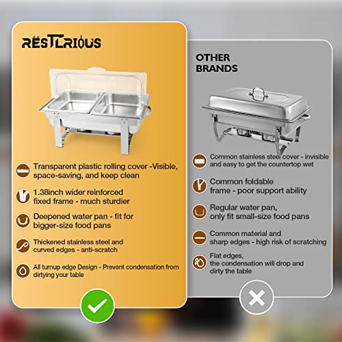 Restlrious Chafing Dish Buffet Set with Roll Top Plastic Cover, Stainless Steel 8 QT Rectangular Chafers and Buffet Warmers Set w/Half Size Food Pan, Water Pan, Fuel Can for Catering Event Party