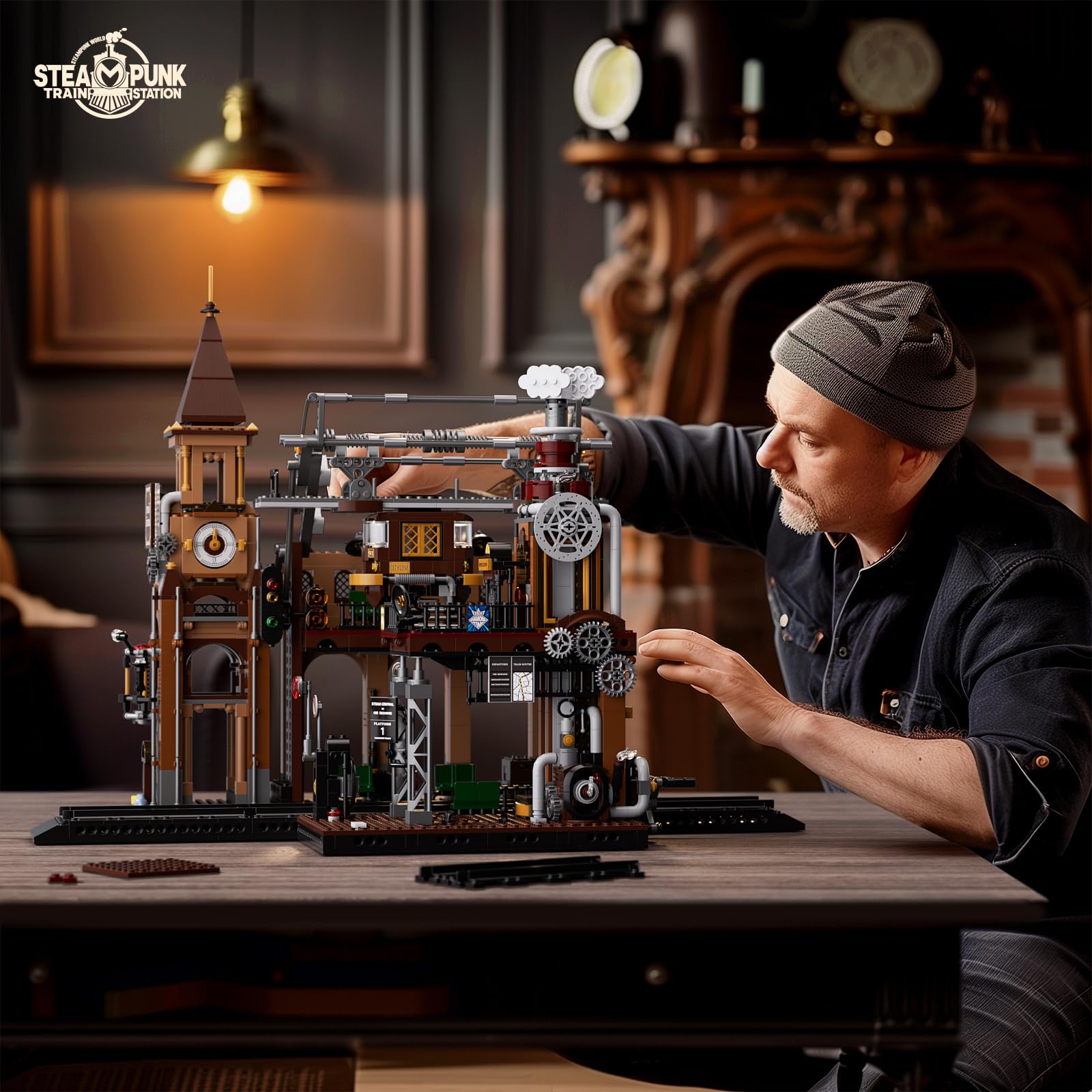 FUNWHOLE Train-Station Lighting Building Bricks Set - Steampunk LED Light Building Set 1843 Pieces for Adults and Teens