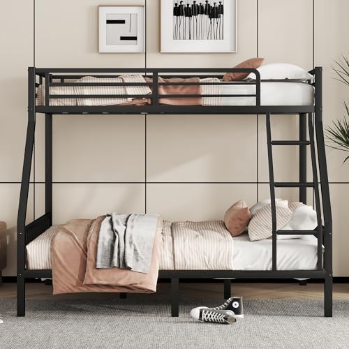 miscoos Twin XL Over Queen Bunk Bed, Heavy Duty Bunk Bed with PVC Rubber Cover Ladder and Full-Length Guardrails, Metal Queen Bed Frame with Slats Support for Adults, Teens, Kids, Black