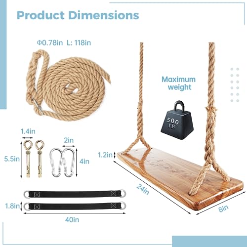 Wooden Tree Swing, 500lbs Load Capacity Heavy-Duty Wooden Swing for Adults & Kids, Waterproof Hanging Swing Seat with Adjustable Height for Indoor & Outdoor