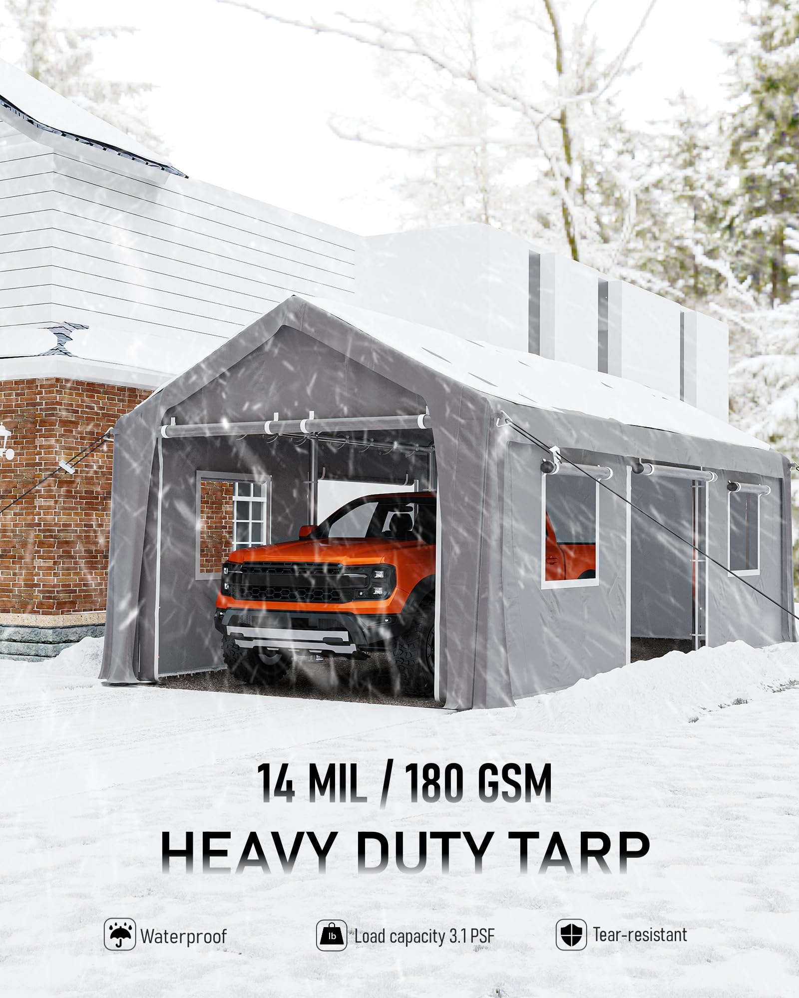 VORTEXTOVE Carport 13 x 20 ft, Portable Garage with 4 Roll-up Windows and 4 Doors for All Season, Reinforced Frames, for Sedans and Trucks, Gray