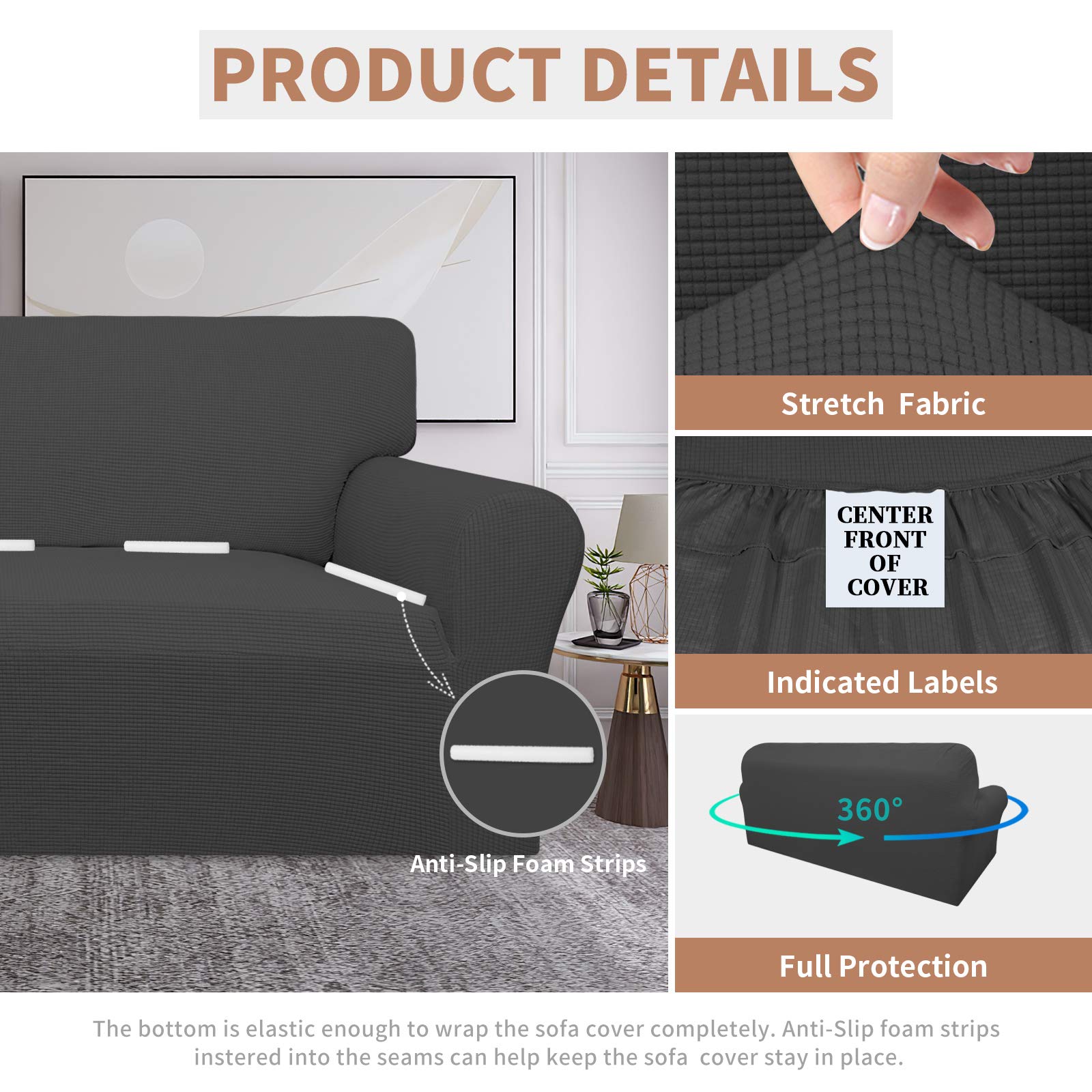 Easy-Going 100% Waterproof Couch Cover, Dual Sofa Stretch Jacquard Slipcover, Leakproof Furniture Protector for Kids, Pets, Dog and Cat (Sofa, Dark Gray)
