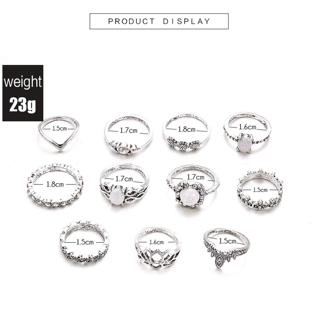 Edary Vintage Rings Set Gemstone Knuckle Rings Carved Stackable Rings Silver Lotus Mid Rings for Women and Girls(11PCS)
