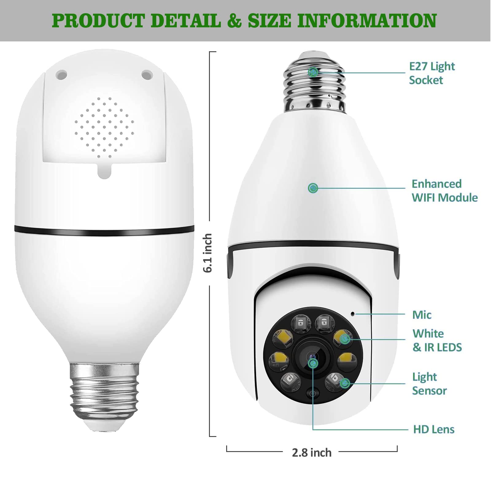 LARDERGO Indoor Camera, 2 Pack 1080p Outdoor Smart Home WiFi Video Camera 360 Degree Panoramic Connector E27 Light Bulb Night Vision Human Motion Detection and Alarm-White