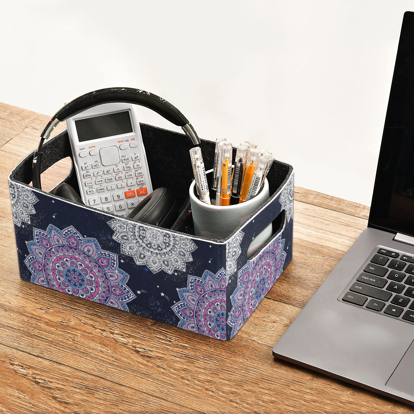 Emelivor Blue Mandala Storage Basket Bins Set (2pcs) Felt Collapsible Storage Bins with Fabric Rectangle Baskets for Organizing for Office Bedroom Closet Babies Nursery