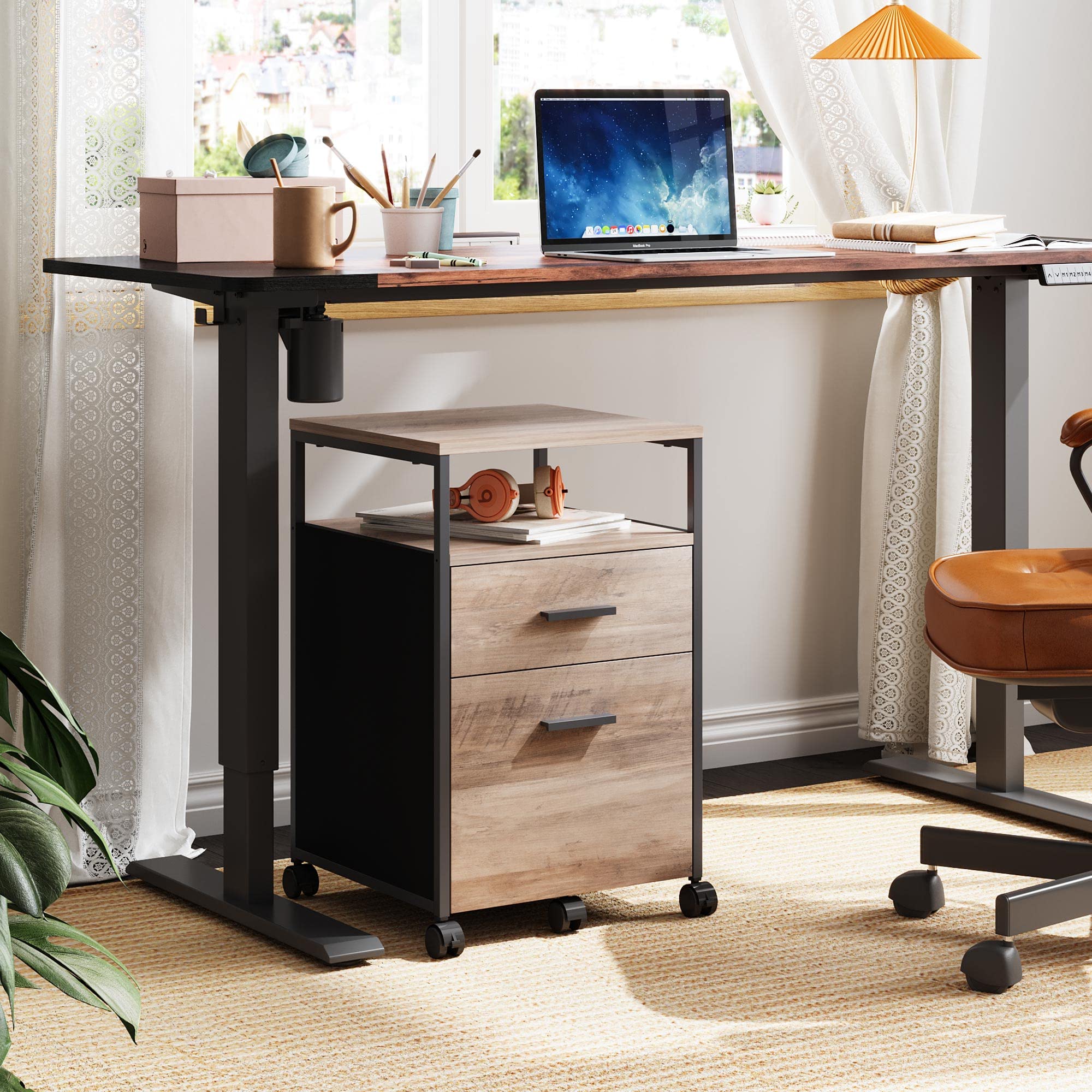 DEVAISE 2 Drawer File Cabinet, Mobile Printer Stand with Open Storage Shelf, Wood Filing Cabinet fits A4 or Letter Size for Home Office, Greige