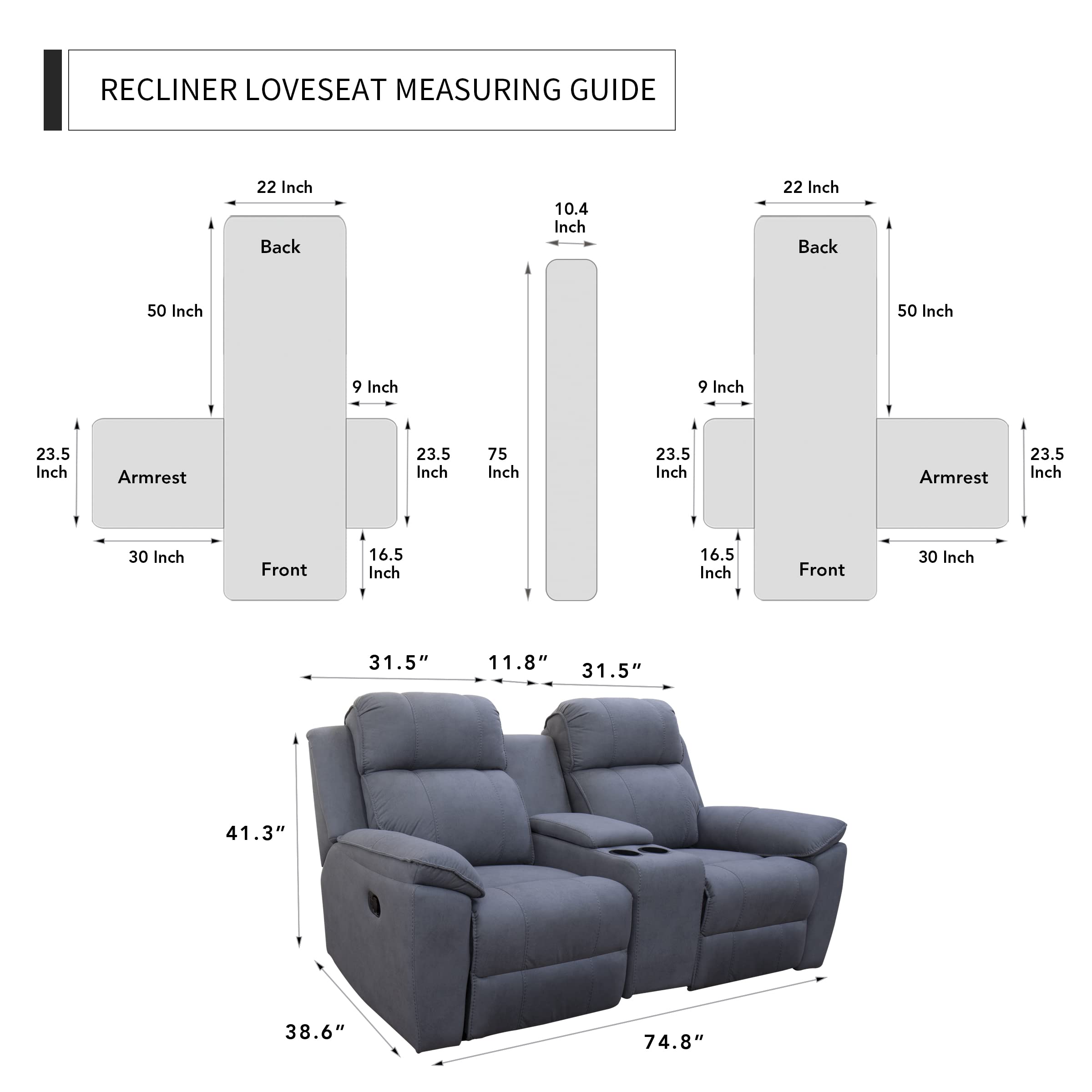 Easy-Going Loveseat Recliner Cover with Console, Reversible Couch Cover for Living Room, Split Sofa Cover for Each Seat with Elastic Straps for Kids, Dogs, Pets(2 Seater, Gray/Light Gray)