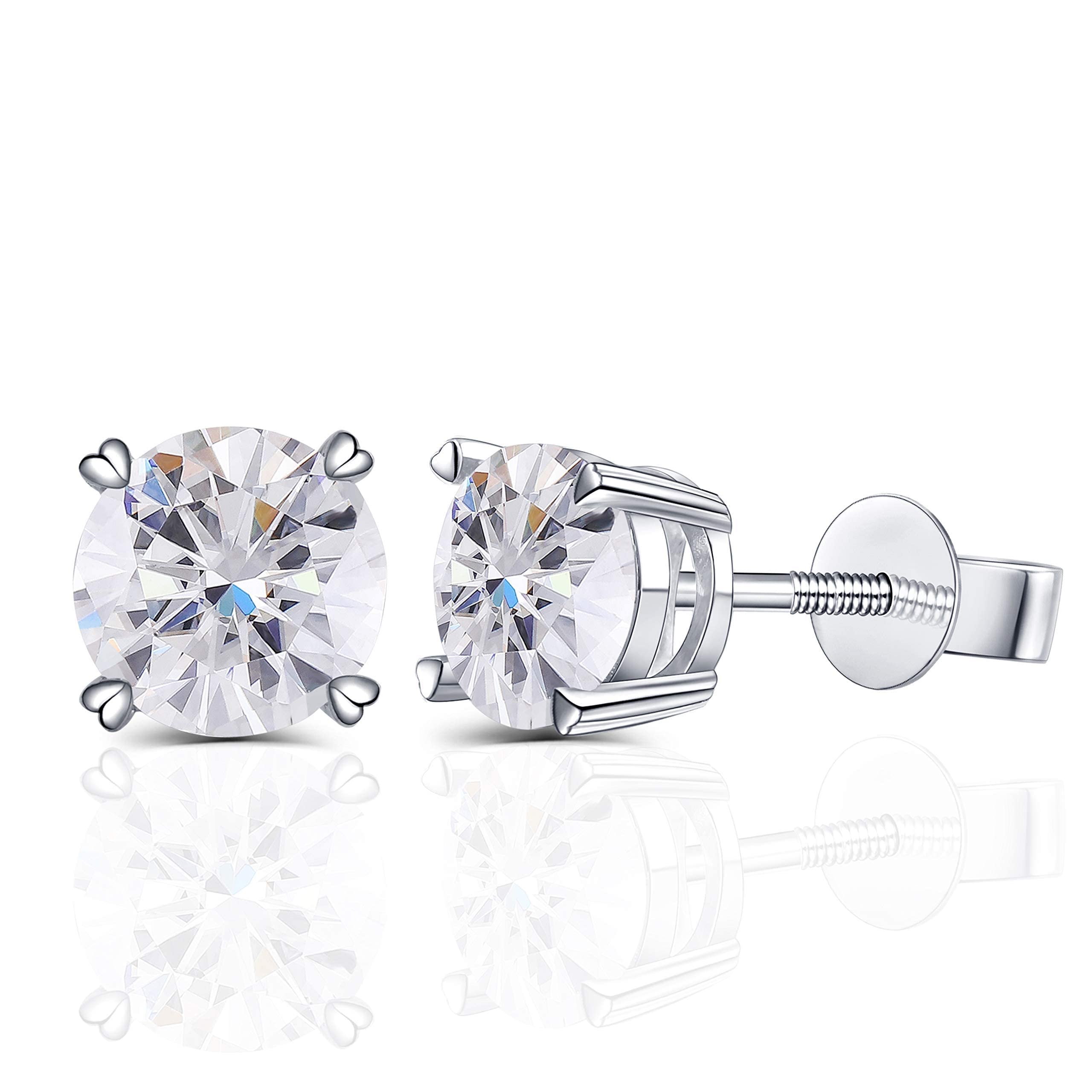 DovEggs Solid 14K White Gold Moissanite Screw Back Earrings for Women 2ct 6.5mm G-H-I Color Heart Arrows Cut Moissanite Stud Earring