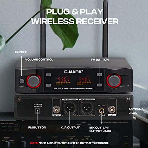 G-MARK EW100 UHF 2 Channel Wireless Microphone System, 2 Cordless Handheld Microphones, Ideal for Home Karaoke, Church, Wedding, Party