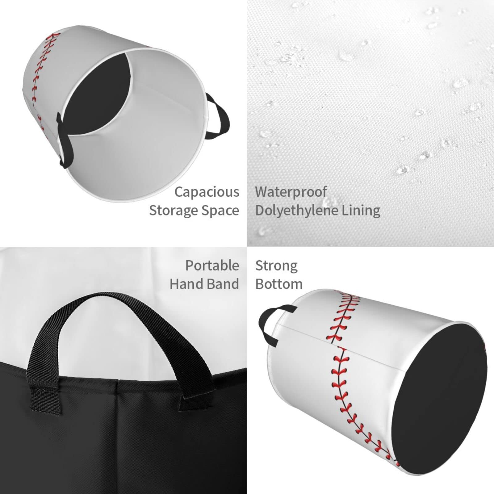 Red Stitching Baseball White Round Laundry Hamper Storage Basket Toys Clothes Organizer Bin For Home Bathroom Bedroom Dorm Nursery, 62L