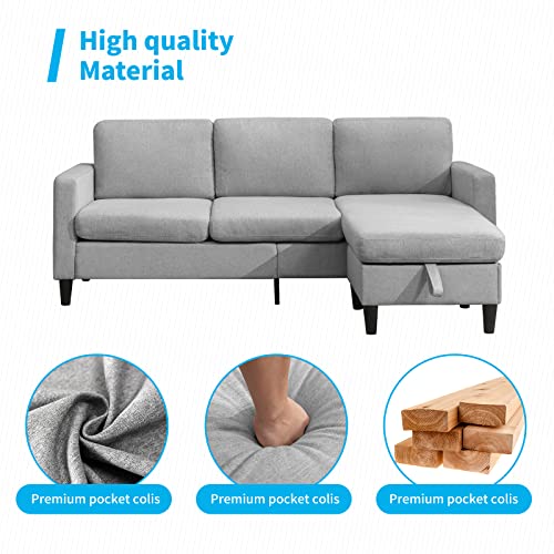 Mjkone Sectional Sofa Bed, Linen Sleeper Couch with Ottoman, Convertible Sleeper Sofa, Couches for Living Room, Chaise Lounge Indoor, Easy Assembly, Light Grey