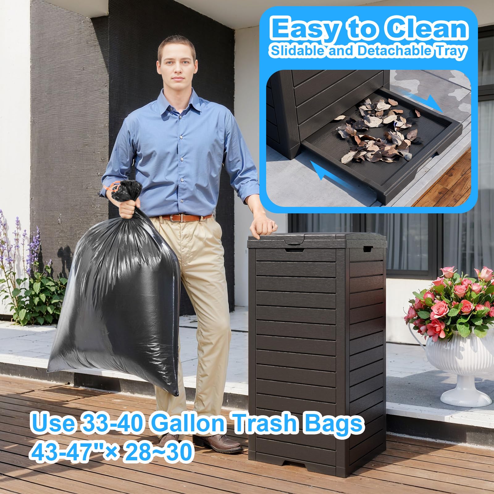 MAIUSCOLI Outdoor Trash Can with Lid, Outdoor Trash Bin & Pull-Out Liquid Drawer, Dual Lid Closure Design, Waterproof Resin Garbage Can Container for Patio, Backyard, Deck (Black, 31)