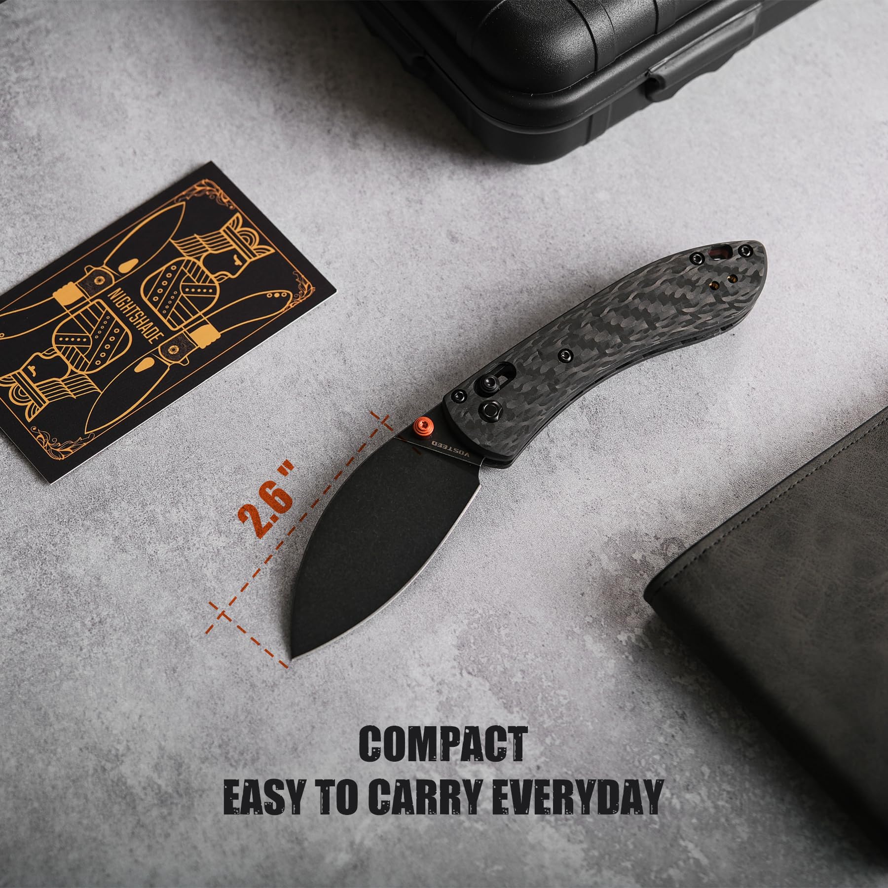 Vosteed Small EDC Knife with Thumb Stud, Cross-Bar Folding Pocket knife with Clip, Modern Shilin Cutter Knife with 2.6" S35VN Blade, Carbon Fiber Handle for Camping, Hiking - Mini Nightshade