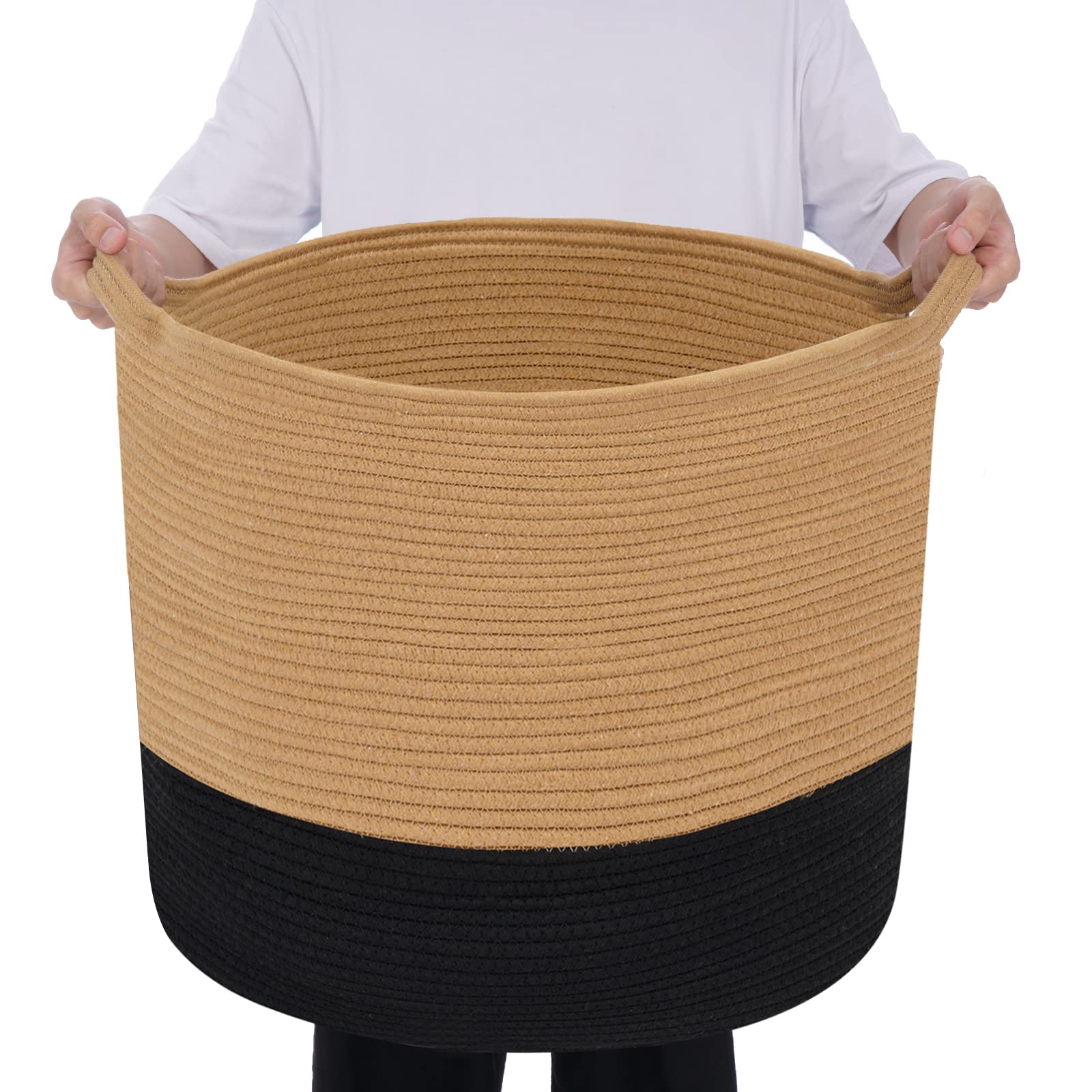 Large Cotton Rope Storage Basket: Woven Round 19”x19”x16” Blanket Pillow Throw Baskets for Living Room Bedroom Decorative - Tall Nursery Toy Storage Bin Laundry Hamper with Handle