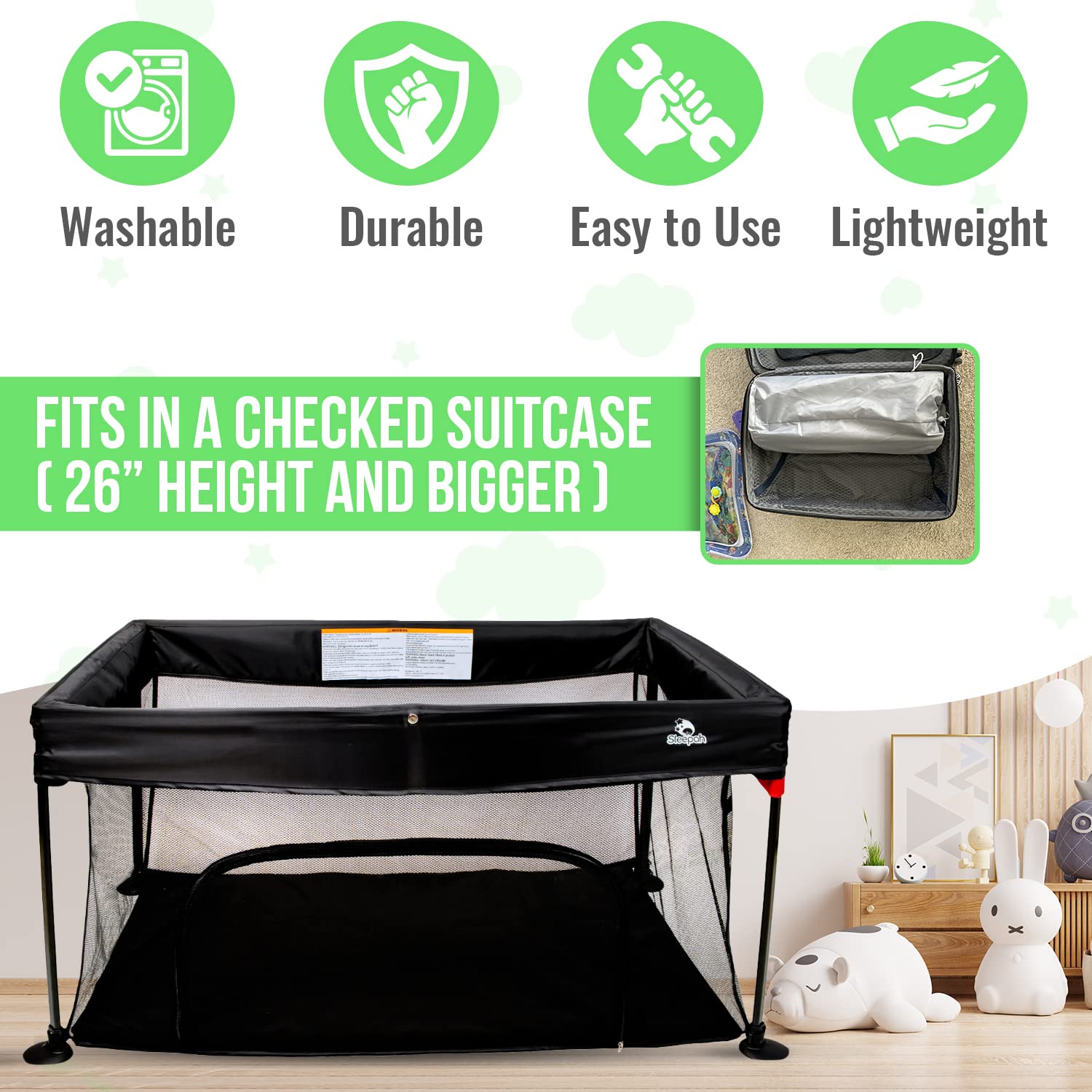 Foldable Travel Crib - Super Lightweight Portable Play Pen + Waterproof Mattres & 100% Cotton Fitted Sheet Bundle - Easy to Pack Fits in a Suitcase Sets up in 30sec Safe for Infantts & Toddler Black