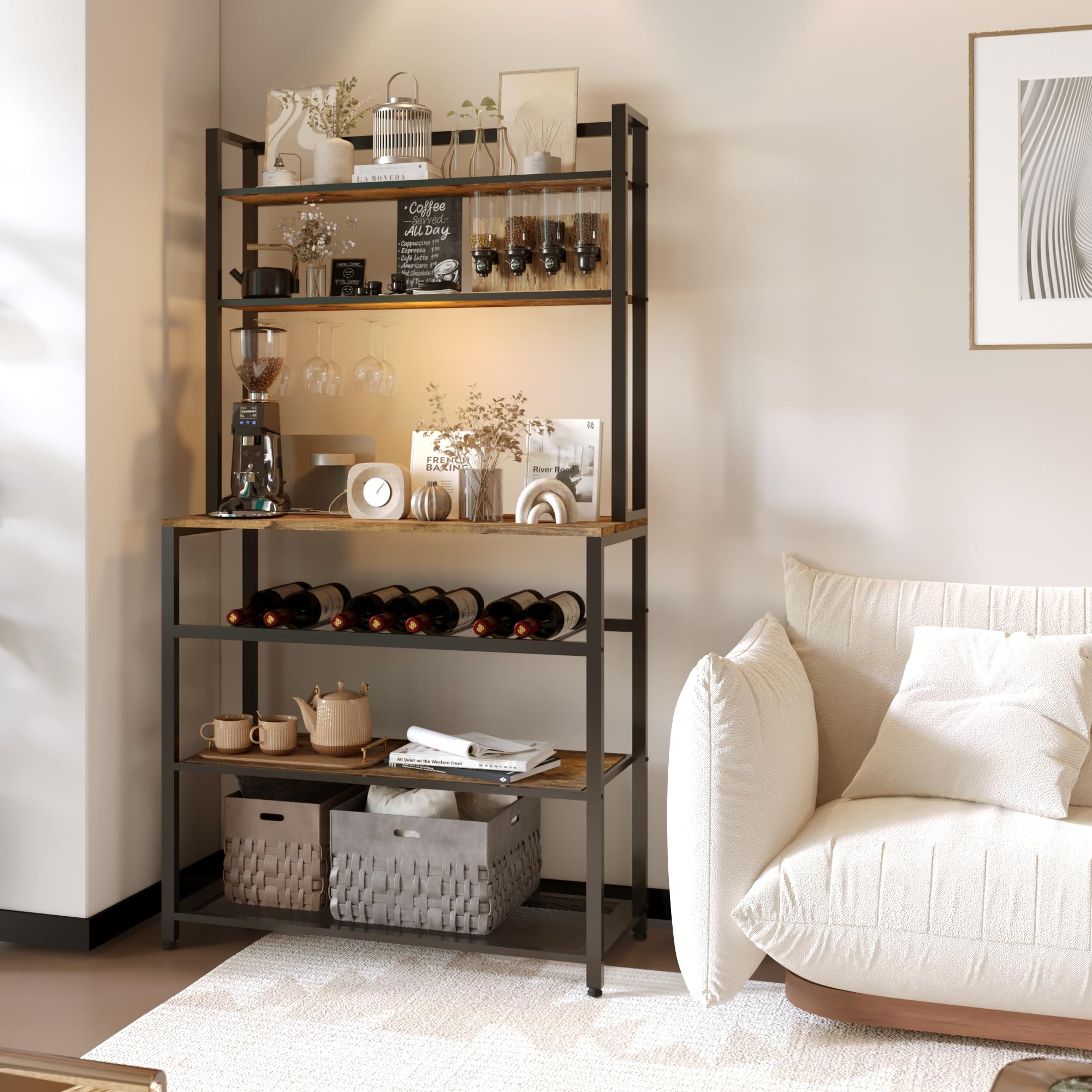 Easyzon 6 Tier Bakers Racks for Kitchens with Storage, Freestanding Coffee Bar, Industrial Microwave Stand with Wine Rack, Kitchen Shelves Organizers and Utility Storage Shelf for Kitchen