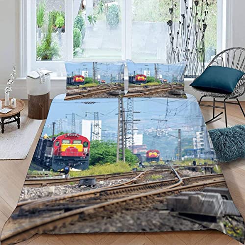 Quilt Cover Full Size Vintage Train 3D Bedding Sets Retro Train Duvet Cover Breathable Hypoallergenic Stain Wrinkle Resistant Microfiber with Zipper Closure,beding Set with 2 Pillowcase