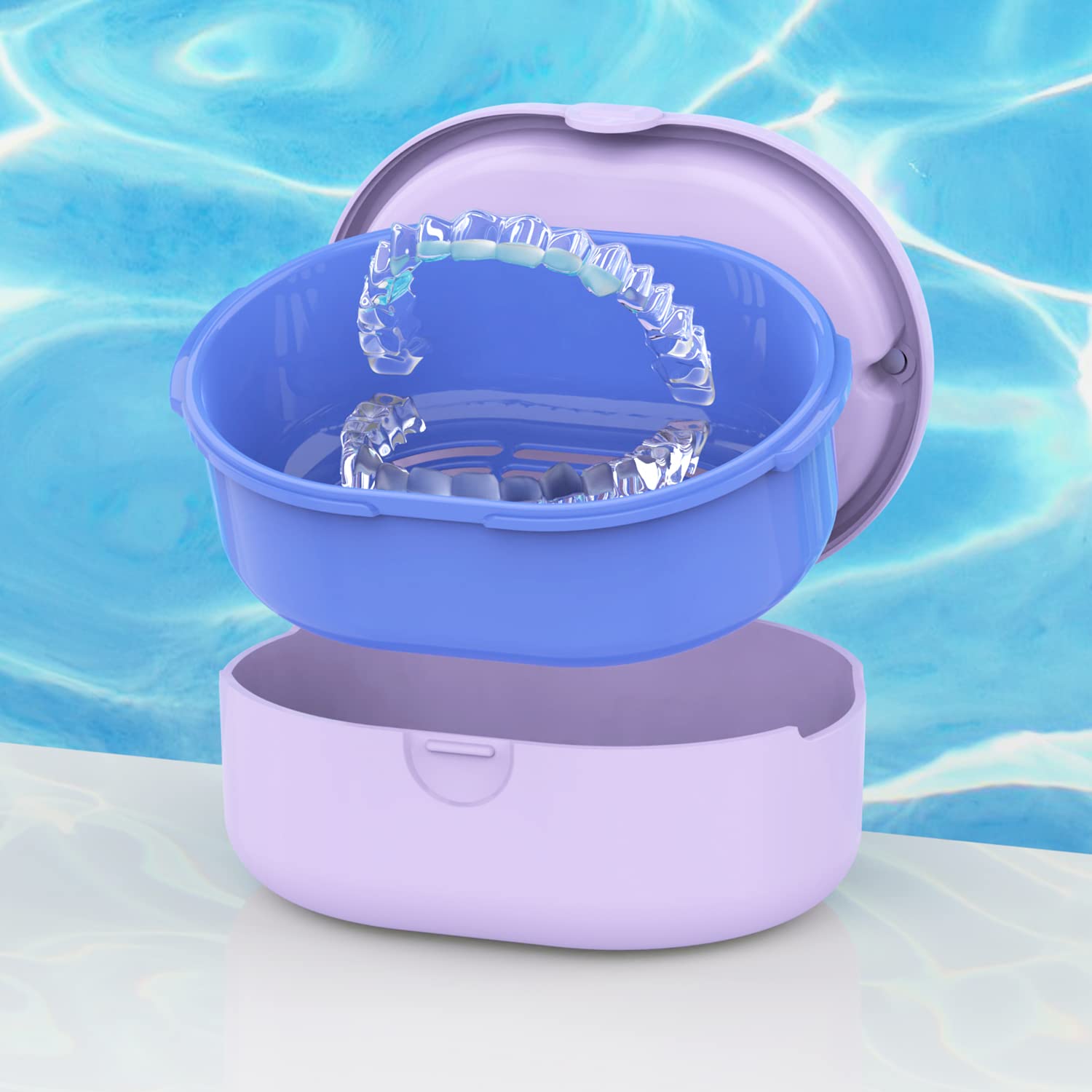 Large Denture Bath Case Cup Box Holder Storage Soak Container, Retainer Case,Mirror Orthodontics Mouth Guard Case,Suitable for Dentures, Partial Dentures, Chews and Removal Tool with Braces(Purple)…