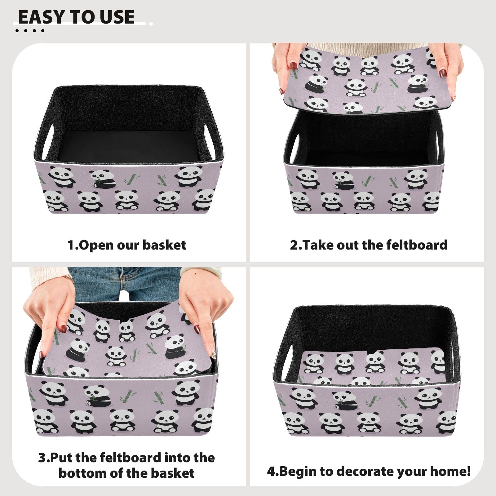 Emelivor Pandas Storage Basket Bins Set (2pcs) Felt Collapsible Storage Bins with Fabric Rectangle Baskets for Organizing for Office Bedroom Closet Babies Nursery