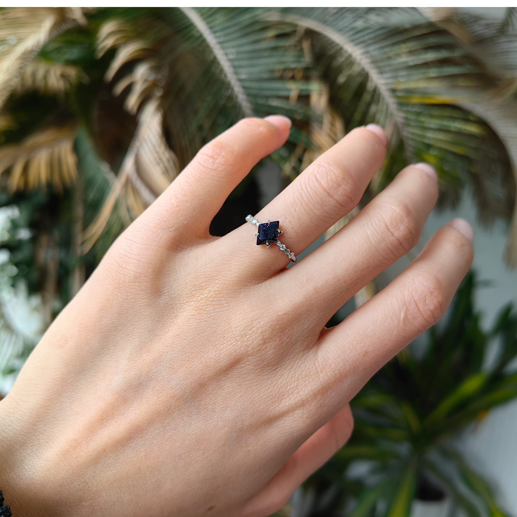 DovEggs Solid 14K White Gold Center 5x7mm Galaxy Blue Sandstone Kite Shape Gemstones Antique Floral Engagement Ring with Moissanite accents for Women Band Width 1.5mm(6.5)