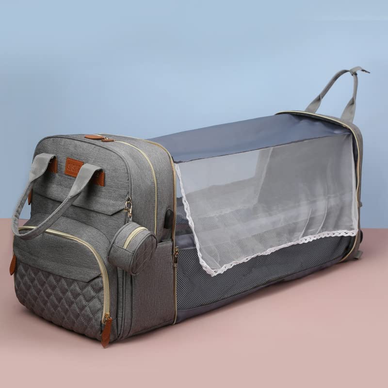 Large Diaper Bag Backpack for Mom. Multifunction Durable & Waterproof Nappy Changing Travel Kit. Foldable Bassinet with Changing Pad and Mosquito Net. Stylish and Compact. Large Capacity.