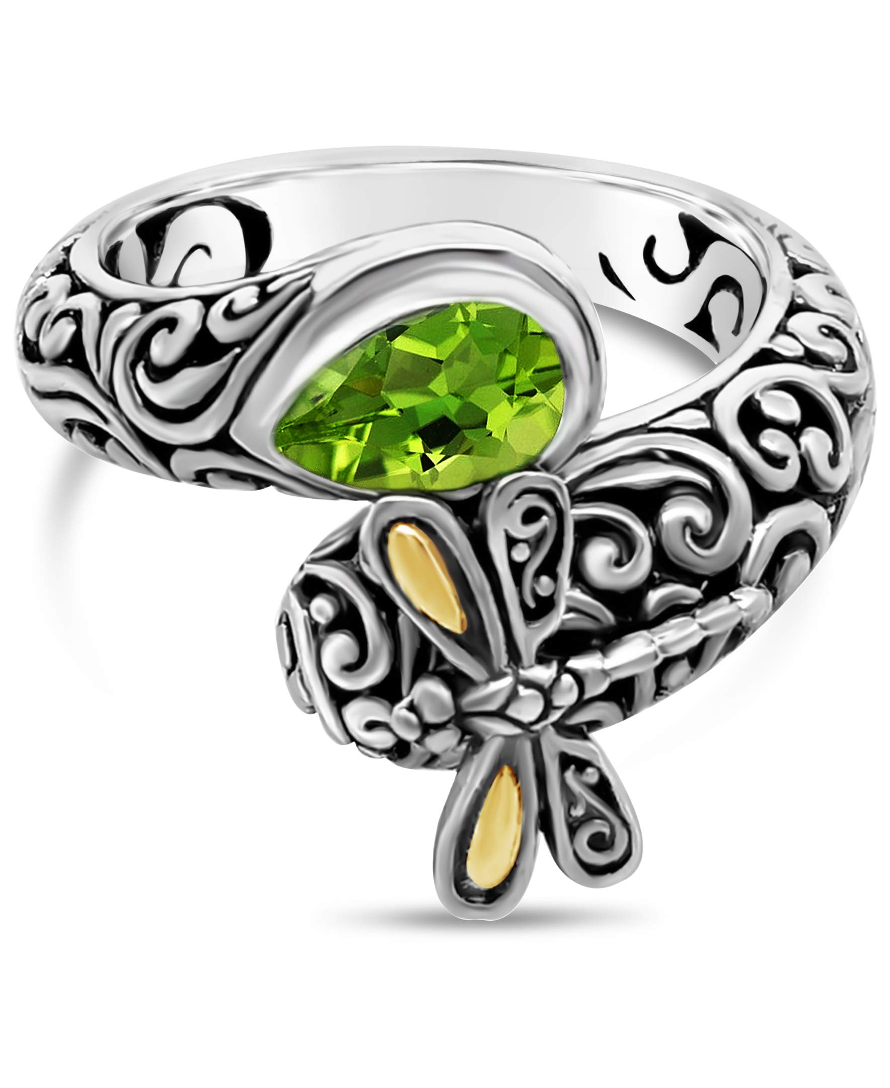 DEVATA Sterling Silver 925 and 18K Gold with Blue Topaz Sweet Dragonfly Bali Filigree Bypass Ring SFM8537ABT (Size 07)