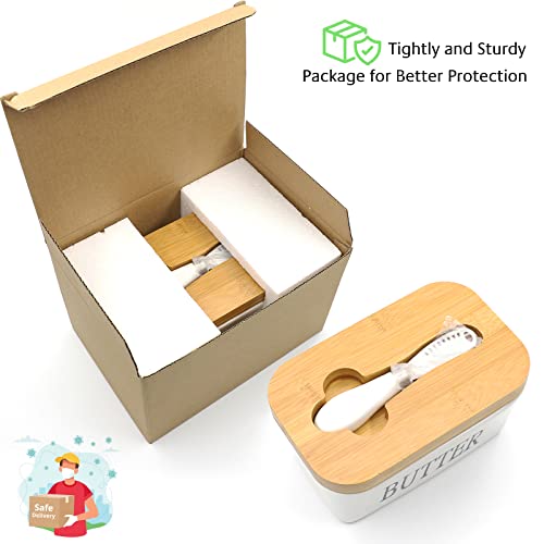 Lovelyduo Large Butter Dish with Lid for Countertop Ceramics Butter Keeper Container with Knife High-quality Double Silicone for Kitchen, Farmhouse, Fridge, Gift Rectangle White
