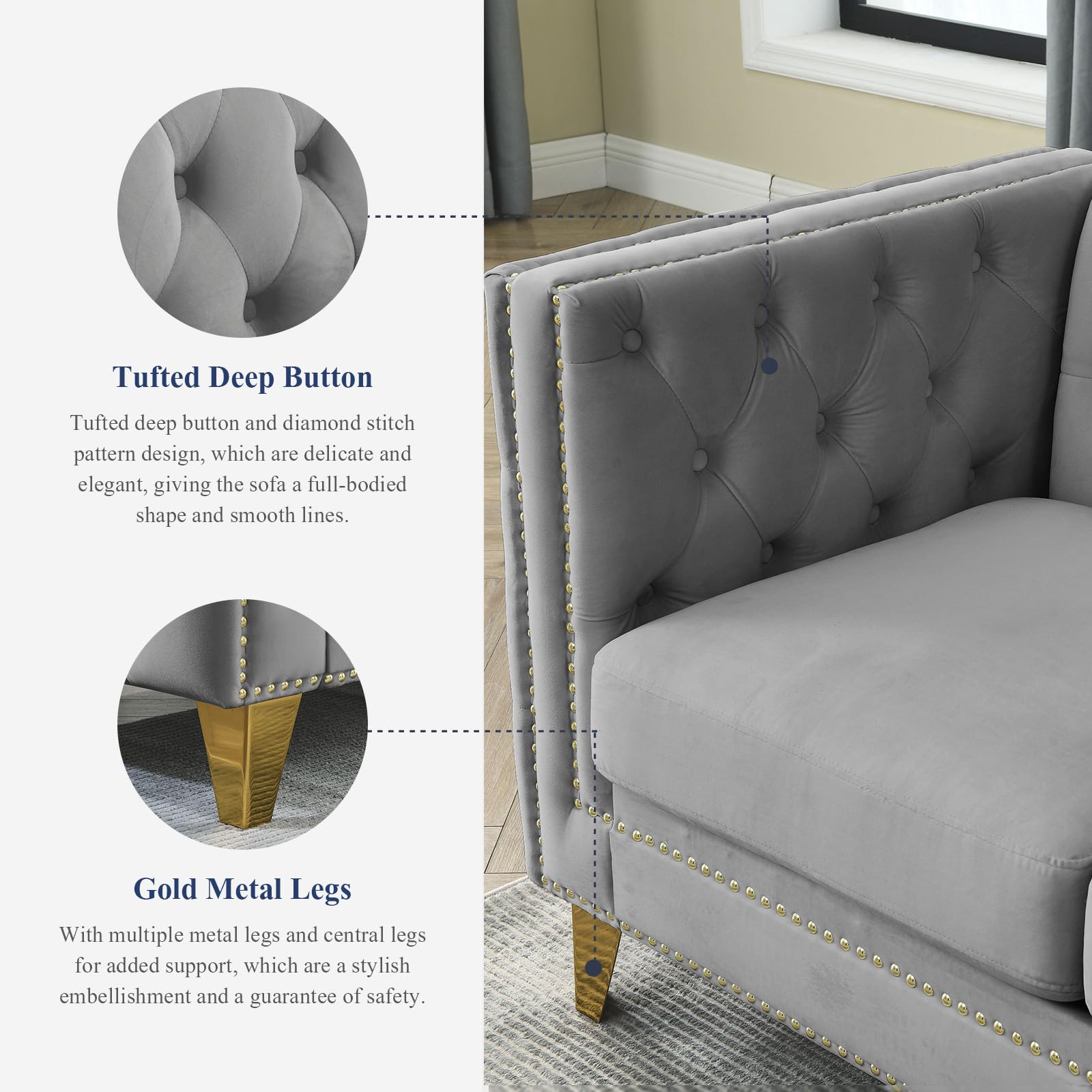 Rumiiro Velvet Corner Sofa, 82.2'' Comfy L-Shaped Sofa, Modern 5 Seater Sectional Couch with Button Tufted Back, Soft Plush Upholstered Couch for Living Room Bedroom Apartment Office(Gray)