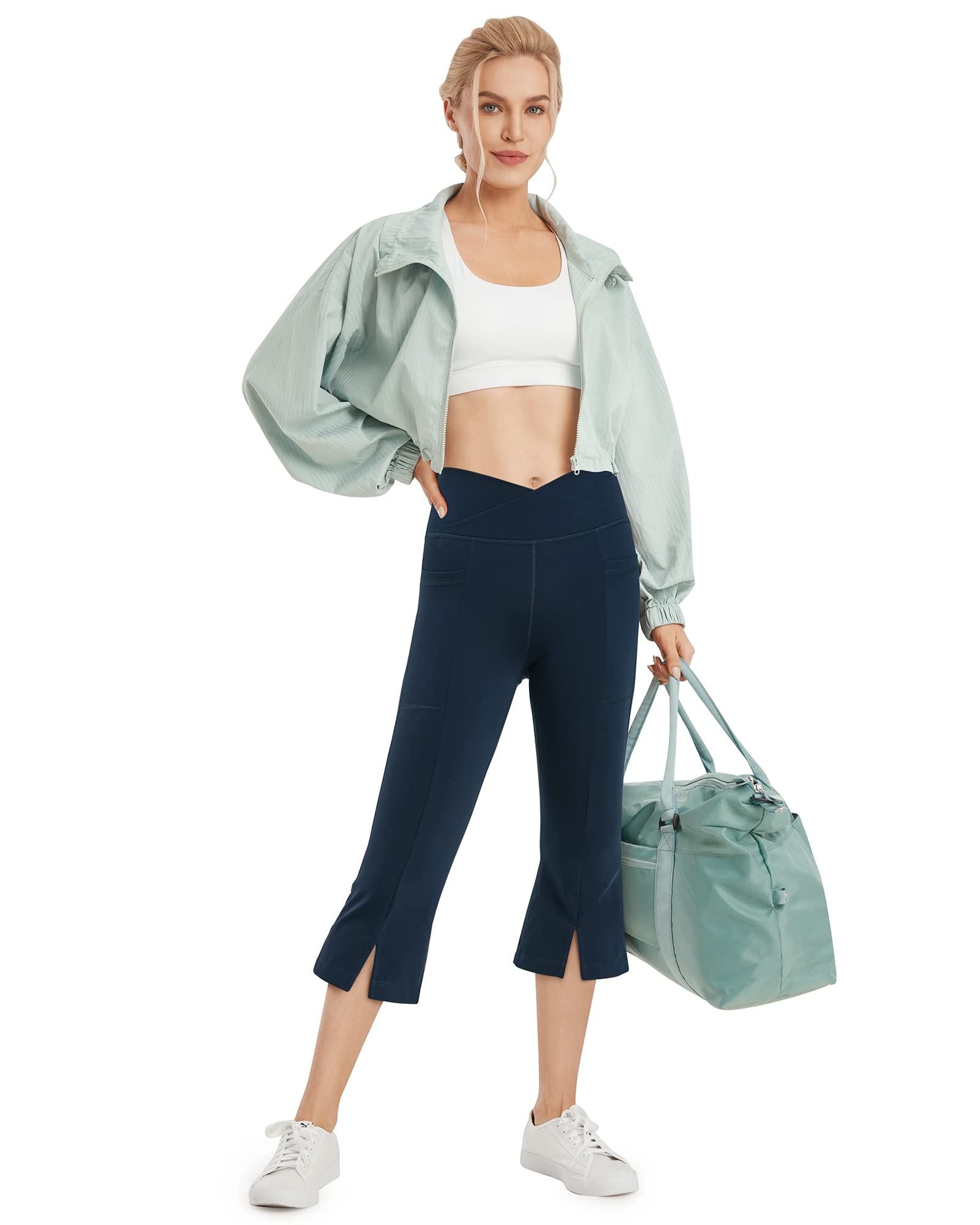 G4Free Womens Yoga Capri Pants V Cross Flare Leggings with Pockets High Waist Bootcut Workout Pants (Navy,M)