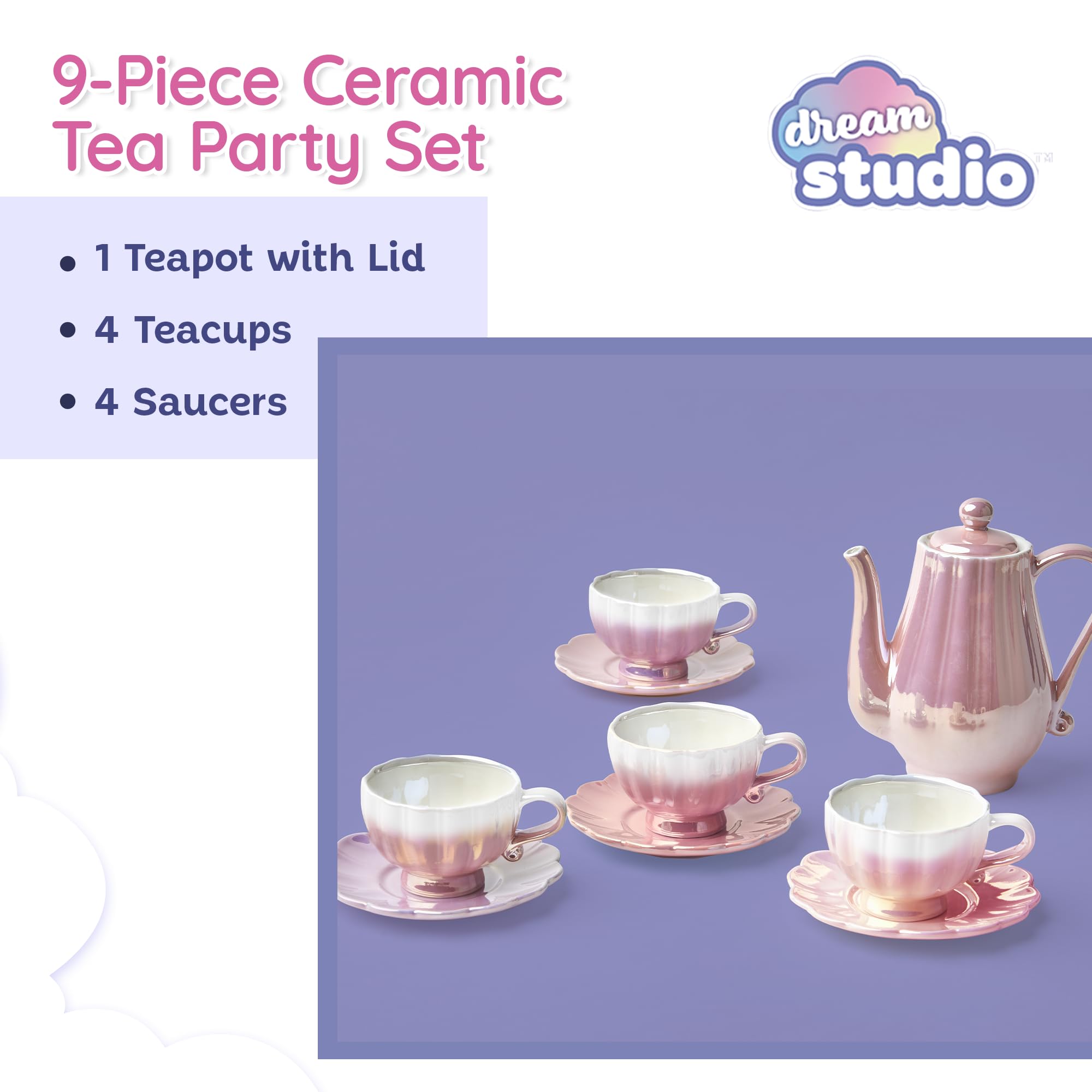 Dream Studio Ceramic Tea Party Set [2023 Amazon Exclusive] 9-Piece Pretend Set, Teapot 4 Cups & 4 Saucers, Hand-Painted Glaze, Safe BPA-Free & Non-Toxic, Imagination Play Activity Toy for Girls & Boys