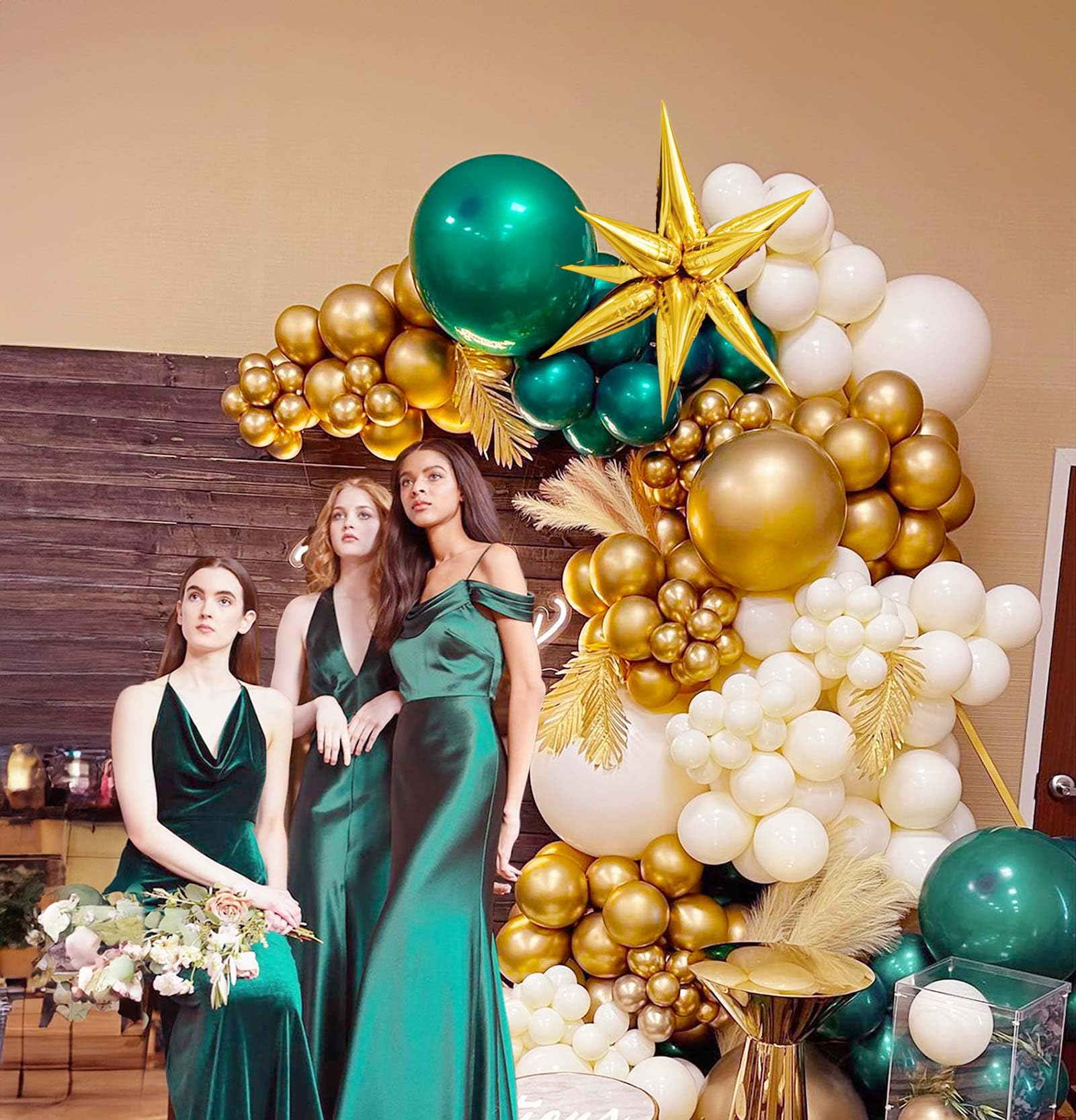 Emerald Green and Gold Balloon Garland Arch Kit 123pcs Double Stuffed Chrome Teal Green Starburst Balloon for luxury Emerald Gold wedding Birthday anniversary graduations Prom Decorations