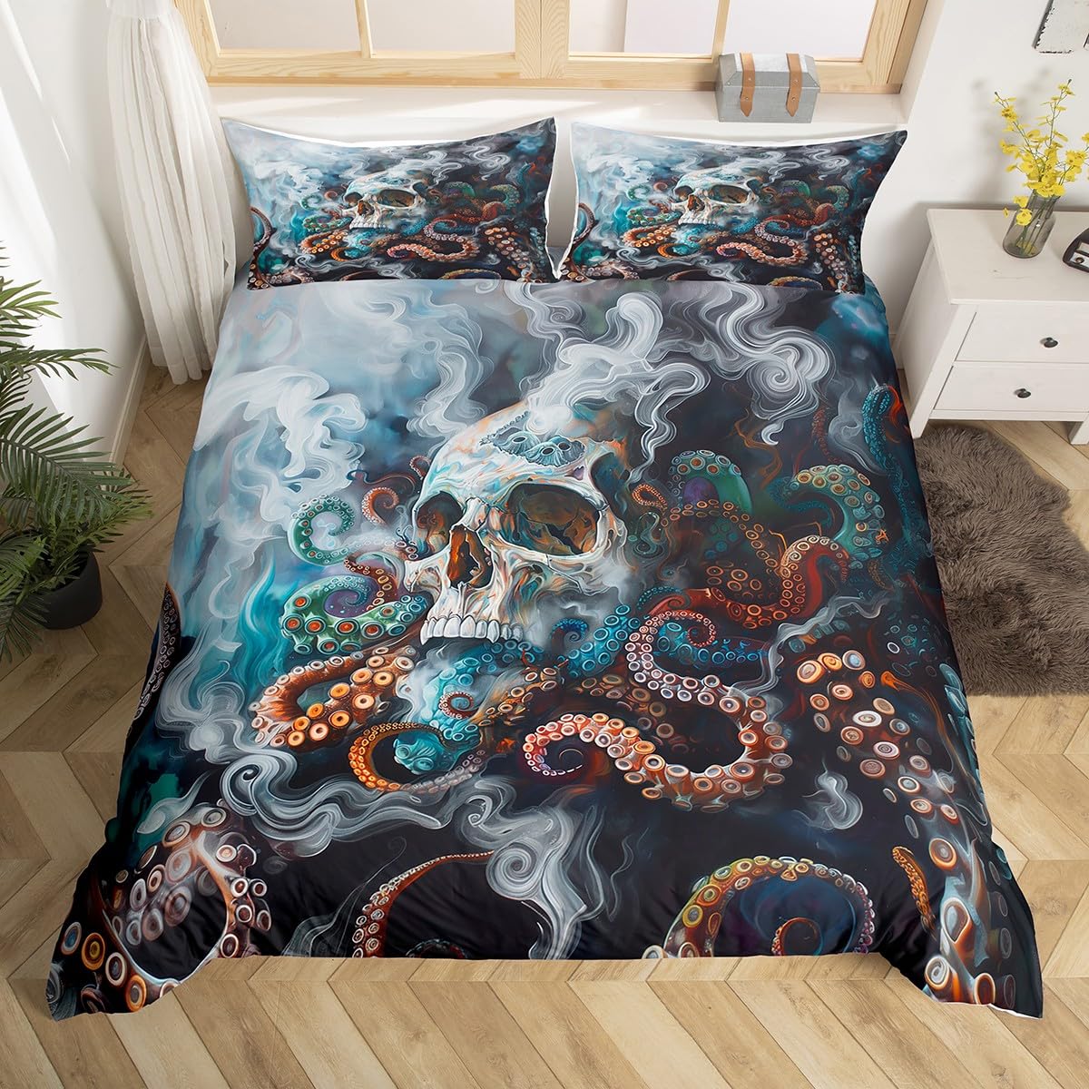 Octopus Skull Duvet Cover Set King Size,Colorful Octopus Tentacles Bedding Set 3Pcs,Trippy Smoke Swirl Comforter Cover for Kids Girls Boys Teens Room Decor,Horror Sea Life Quilt Cover,2 Pillowcases