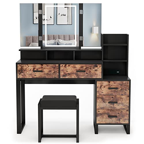 PAKASEPT Vanity Set with Lighted Tri-fold Mirror, Vanity Desk with Charging Station, 3-Color Adjustable Touch Light, 5 Drawers, Storage Shelves&Cushioned Stool Makeup Vanity for Bedroom, Black