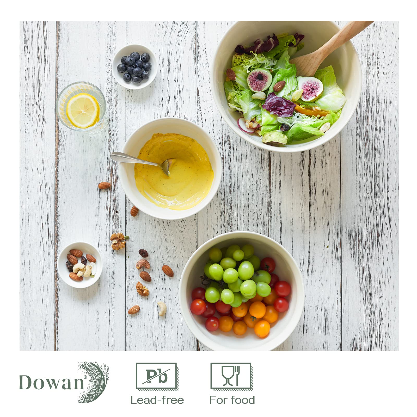 DOWAN Ceramic Mixing Bowls for Kitchen, Size 3.5/1.9/1.2 Qt Large Serving Bowl Set, Microwave and Dishwasher Safe, Sturdy & No Scratch, Nesting Bowls for Space Saving,Creme White