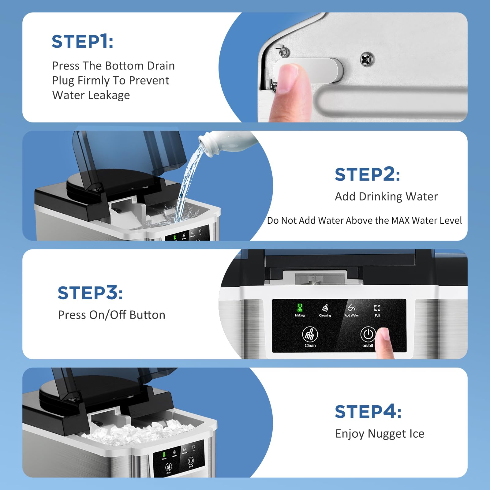 JINJUNYE Nugget Ice Maker Countertop, 38LBS/Day, Self Cleaning, Soft Chewable Pellet Ice Machine, Portable Crushed Ice Makers for Home, Kitchen, Stainless Steel