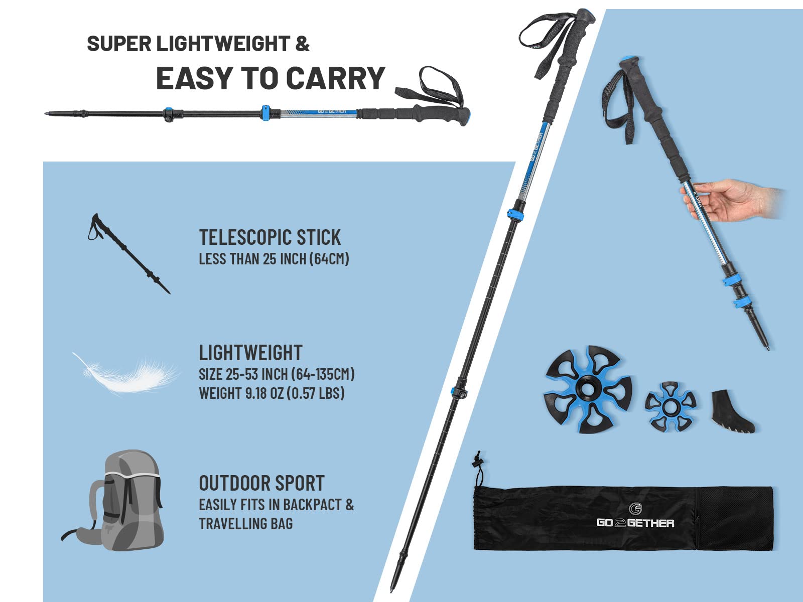 G2 Trekking Hiking Poles Telescopic/aluminum alloy/EVA foam Grip/Foam Padded Wrist Strap/Auto-Adjustable Strap/Quick Flip Lock (Pack of 2 Poles)