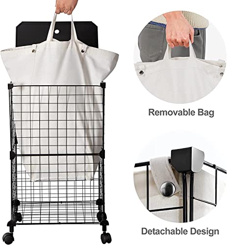 WOWLIVE Iron Wire Laundry Hamper with Lid, Foldable Laundry Basket with Wheels and Removable bags,Collapsible Dirty Clothes Hamper Organizer Dorm Room Storage for Bedroom, Bathroom (Black)
